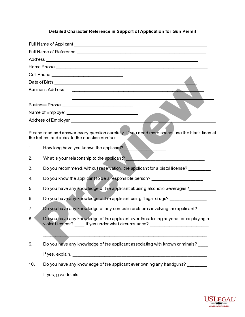 Idaho Detailed Character Reference In Support Of Application For Gun Permit Pistol Permit 