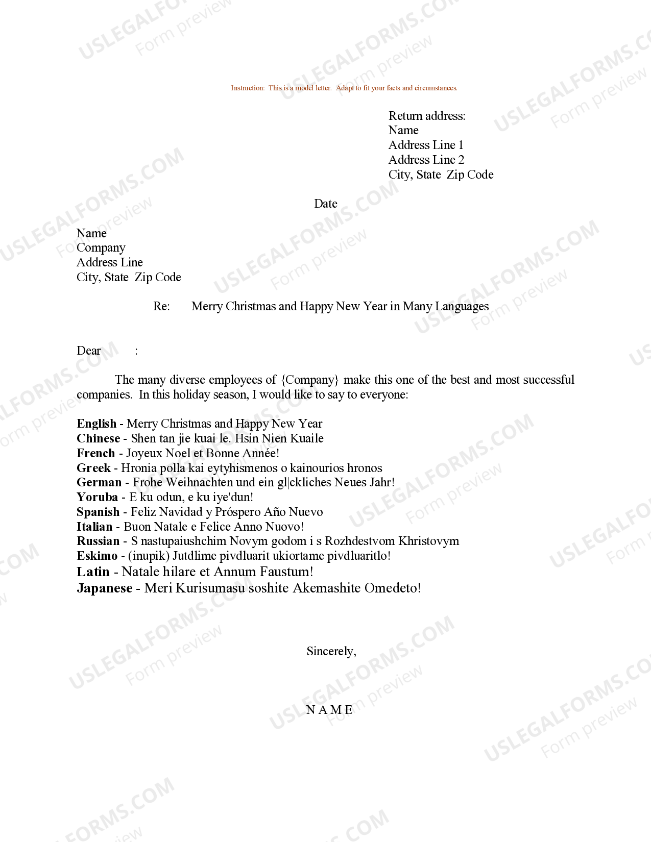 Louisiana Sample Letter for Merry Christmas and Happy New Year in Many ...