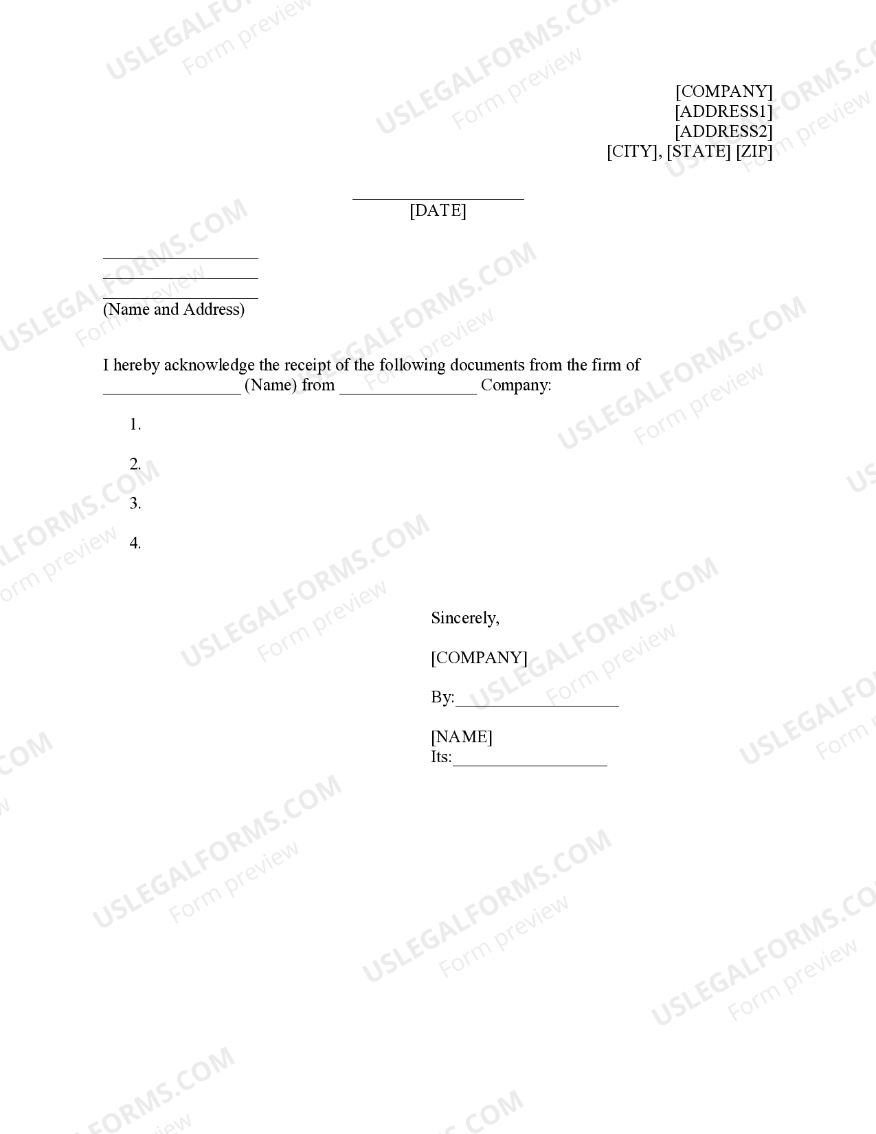 Receipt Acknowledgement | US Legal Forms