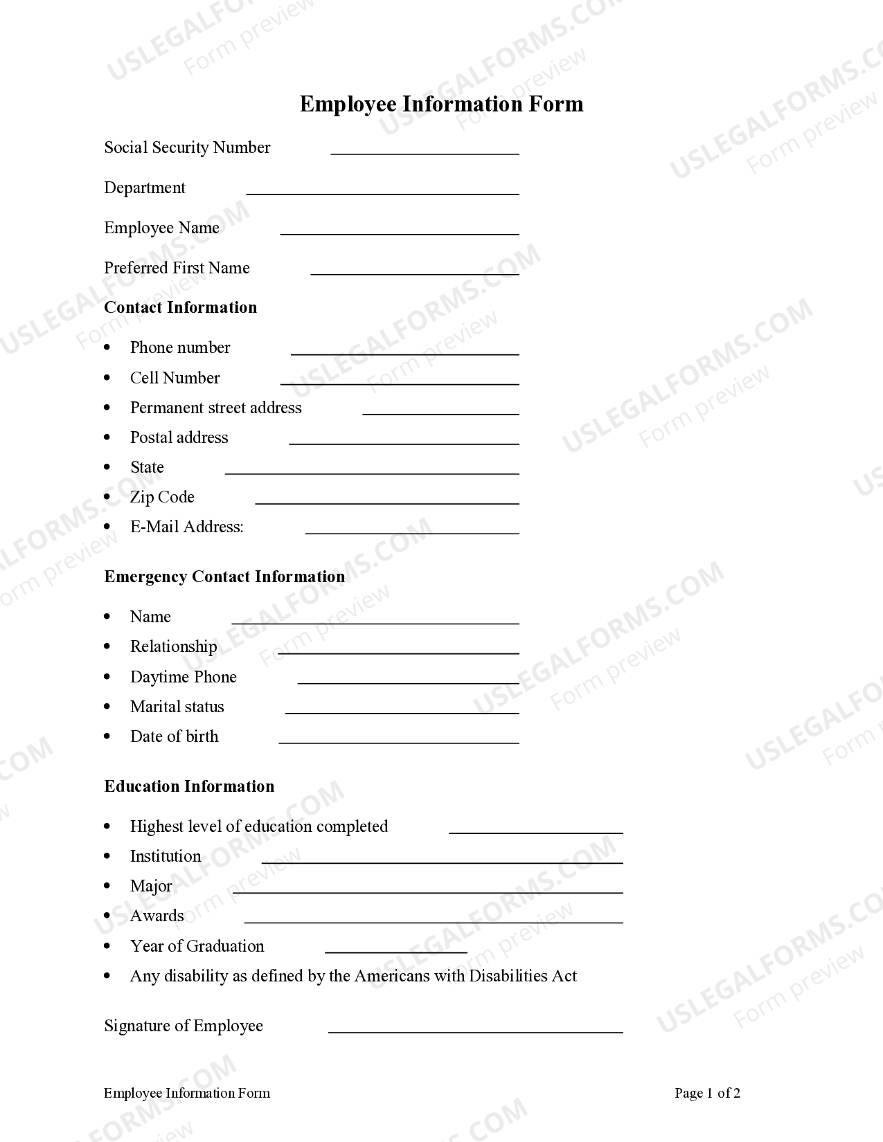 Tennessee Employee Information Form - Employee Information Form | US ...