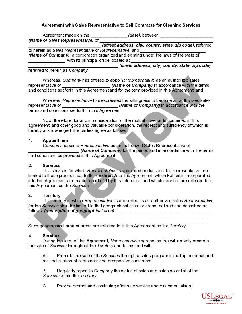 Michigan Agreement With Sales Representative To Sell Contracts For 