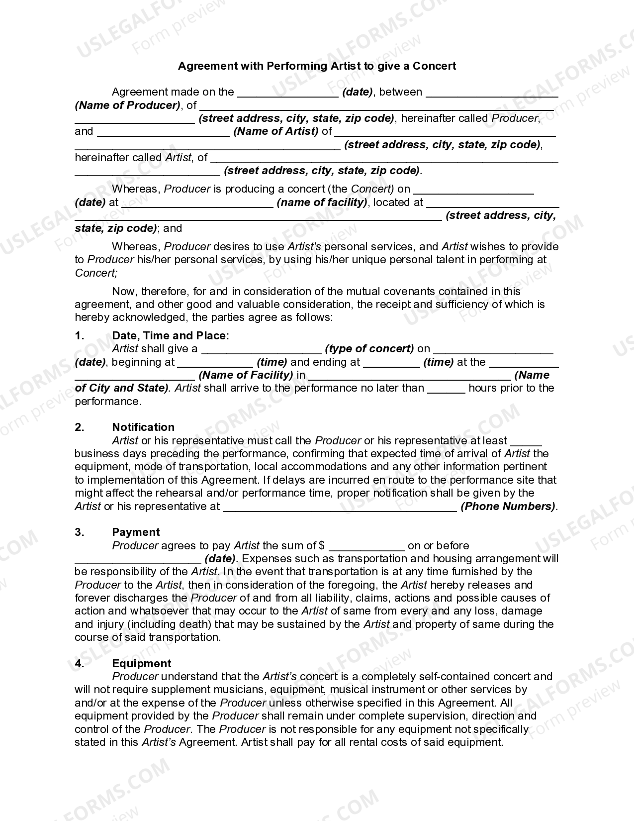 Idaho Agreement with Performing Artist to give a Concert - Agreement ...