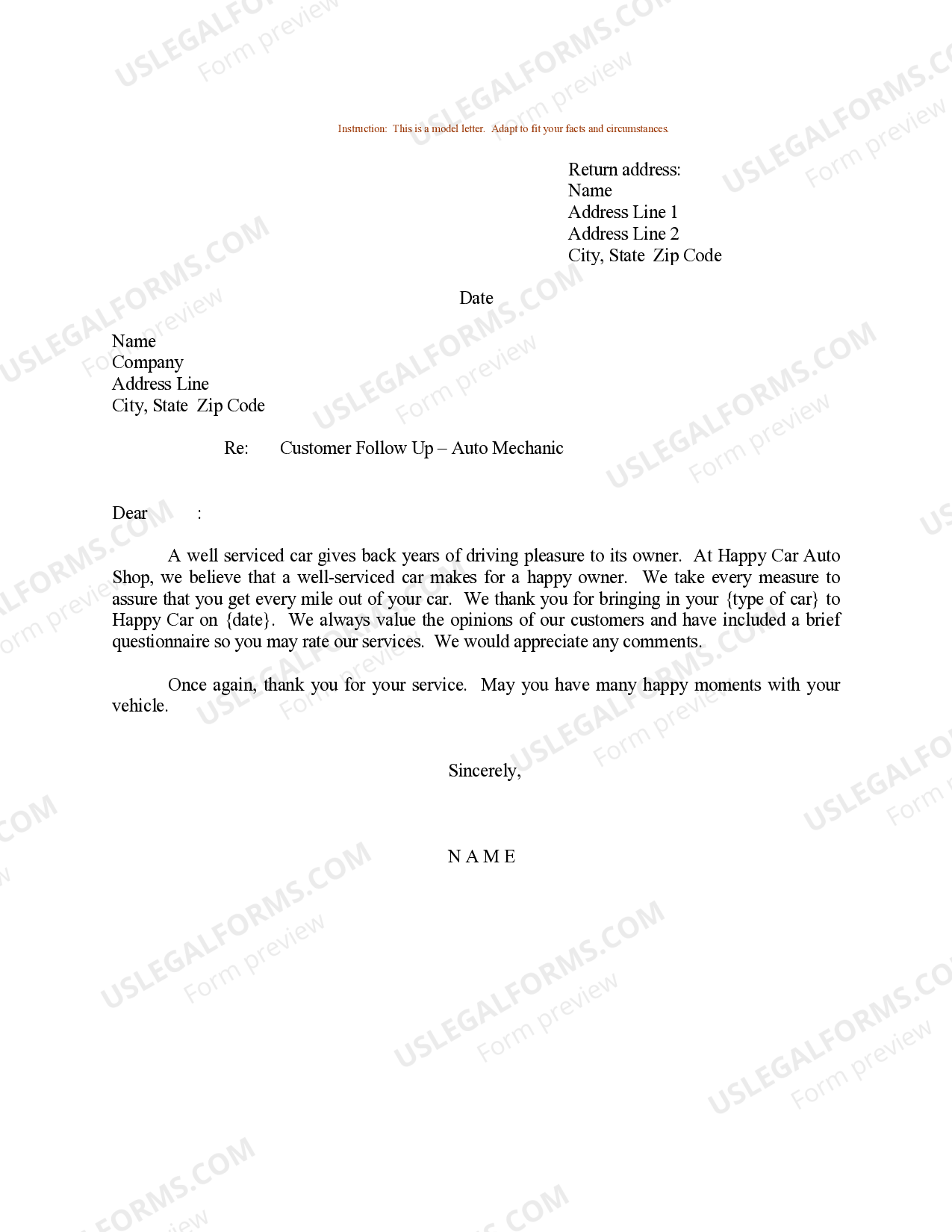 Puerto Rico Sample Letter for Customer Follow-up - Auto Mechanic ...