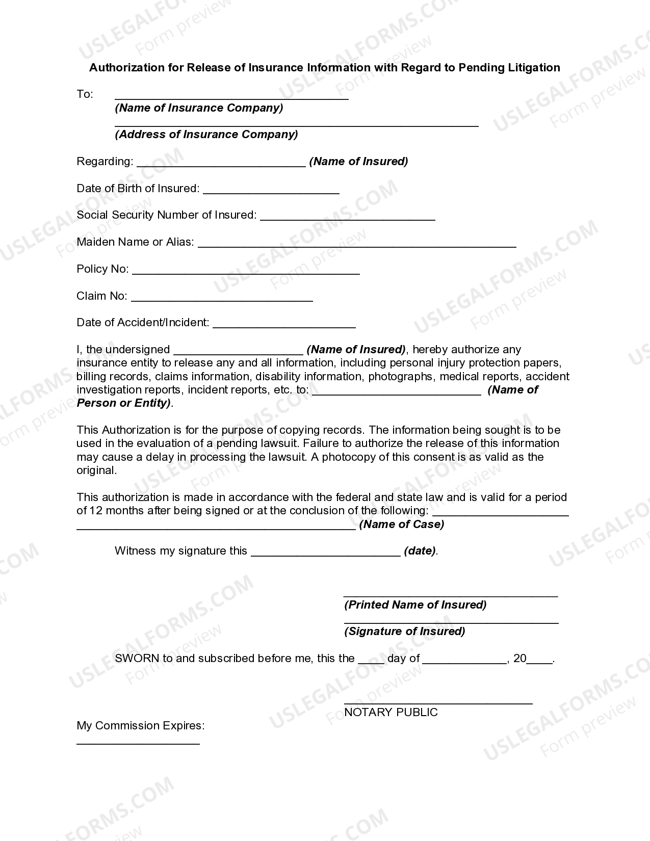 Authorization for Release of Insurance Information with Regard to ...