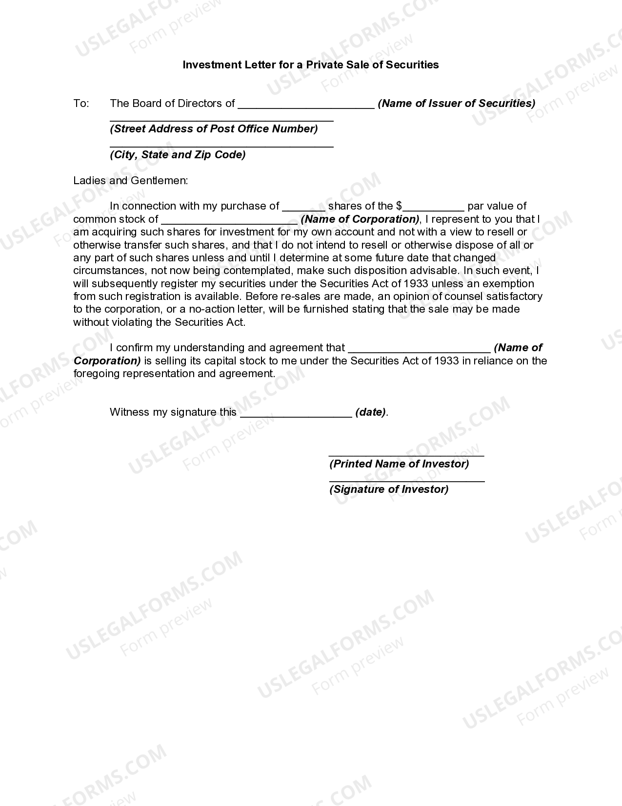 Utah Investment Letter for a Private Sale of Securities - Investment ...