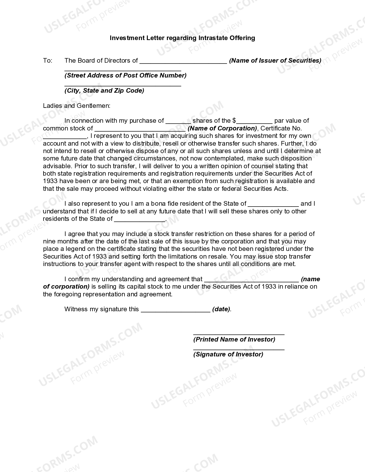 Utah Investment Letter regarding Intrastate Offering | US Legal Forms