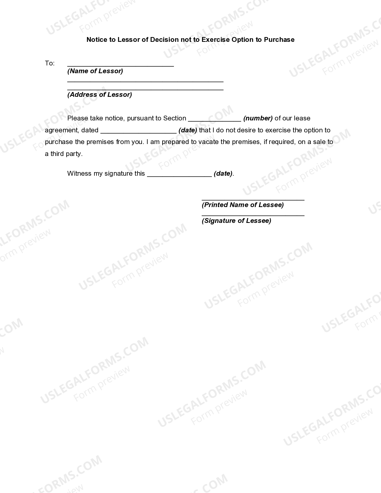 Colorado Notice to Lessor of Decision not to Exercise Option to ...