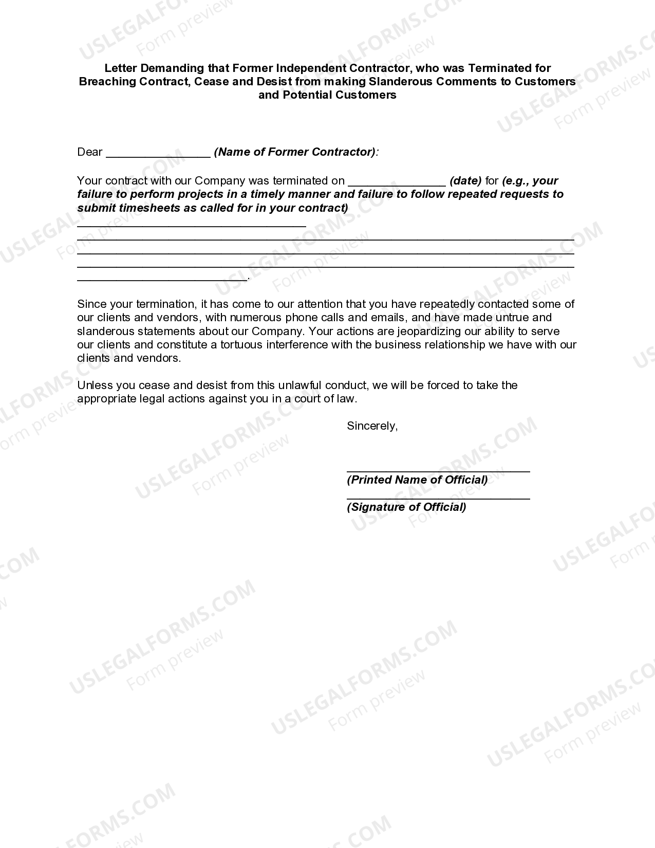 Ohio Letter Demanding that Former Independent Contractor, who was ...