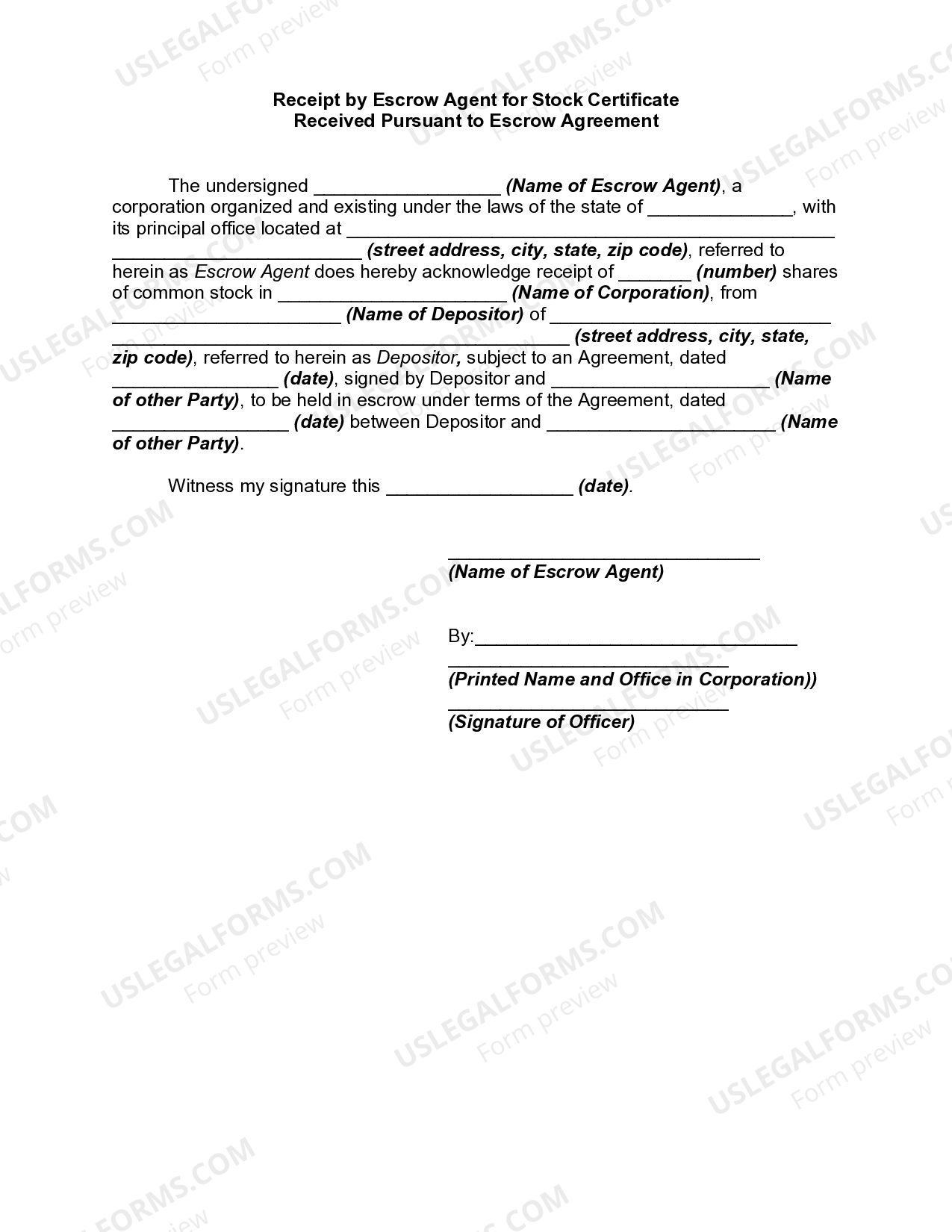 Receipt By Escrow Agent for Stock Certificate Received Pursuant to ...