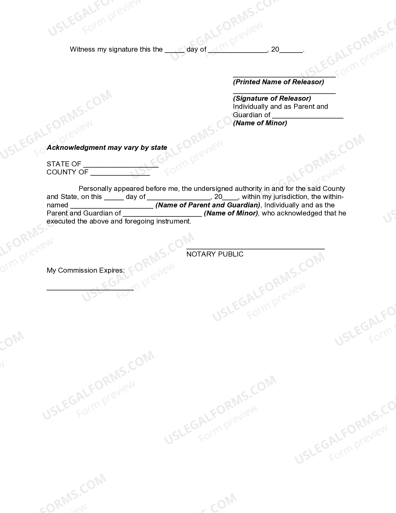 Illinois Release by Parent on Behalf of Child for Injuries Sustained in ...