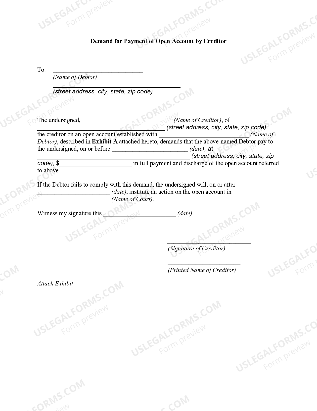 Demand for Payment of an Open Account by Creditor - Demand Creditor ...