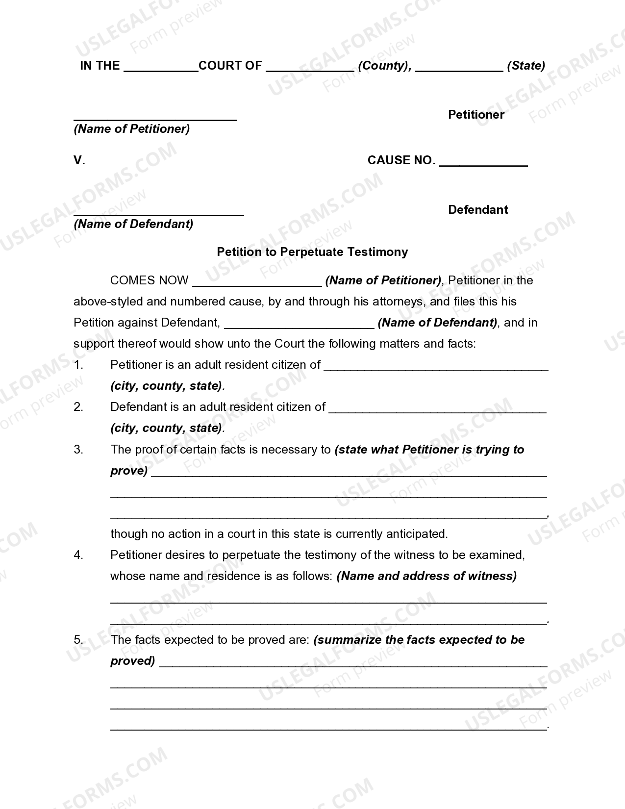 Petition to Perpetuate Testimony when No Action Pending - No Action ...