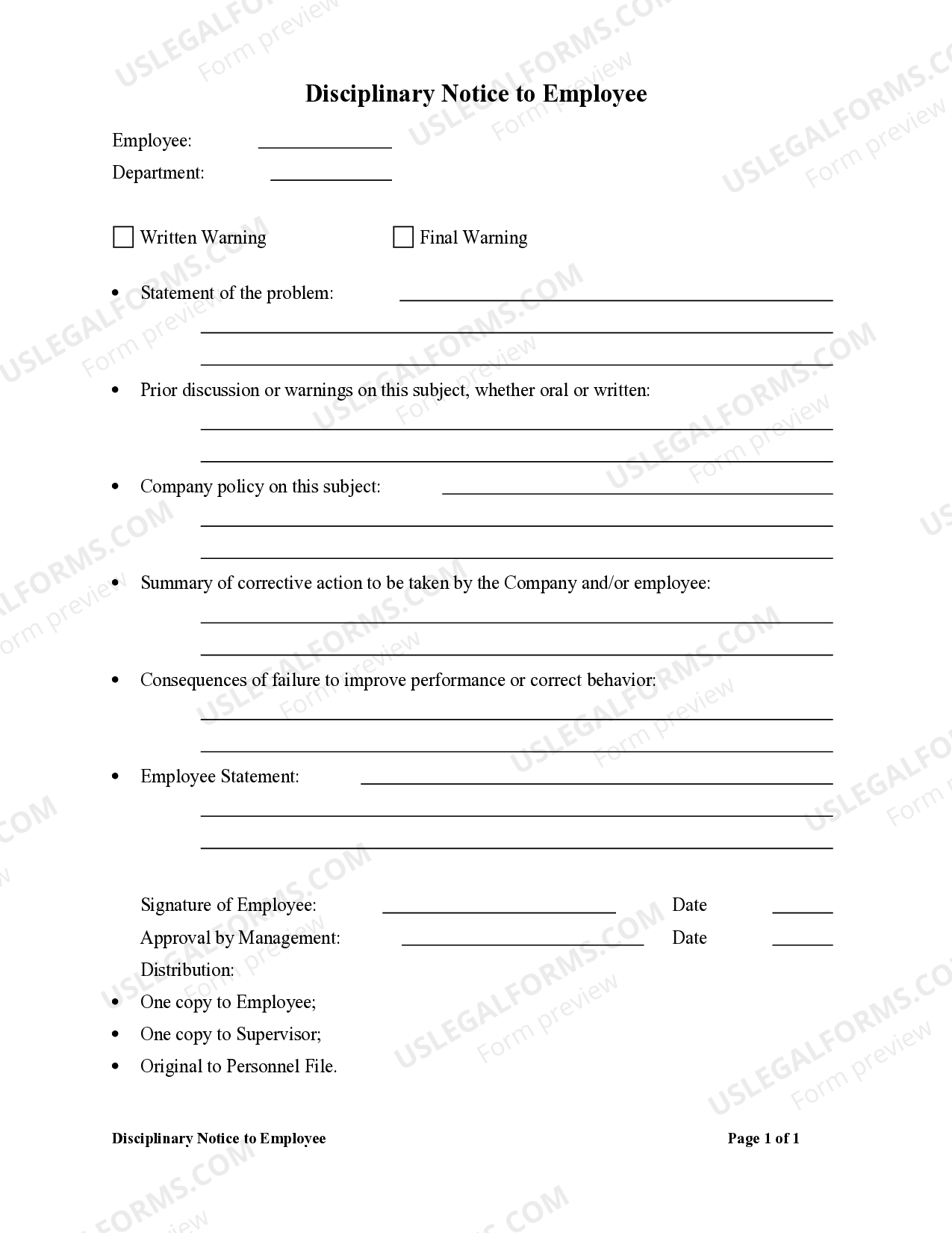 Texas Disciplinary Notice to Employee - Disciplinary Action | US Legal ...