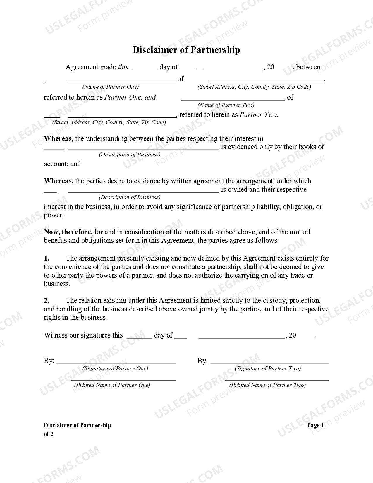 Florida Disclaimer of Partnership | US Legal Forms