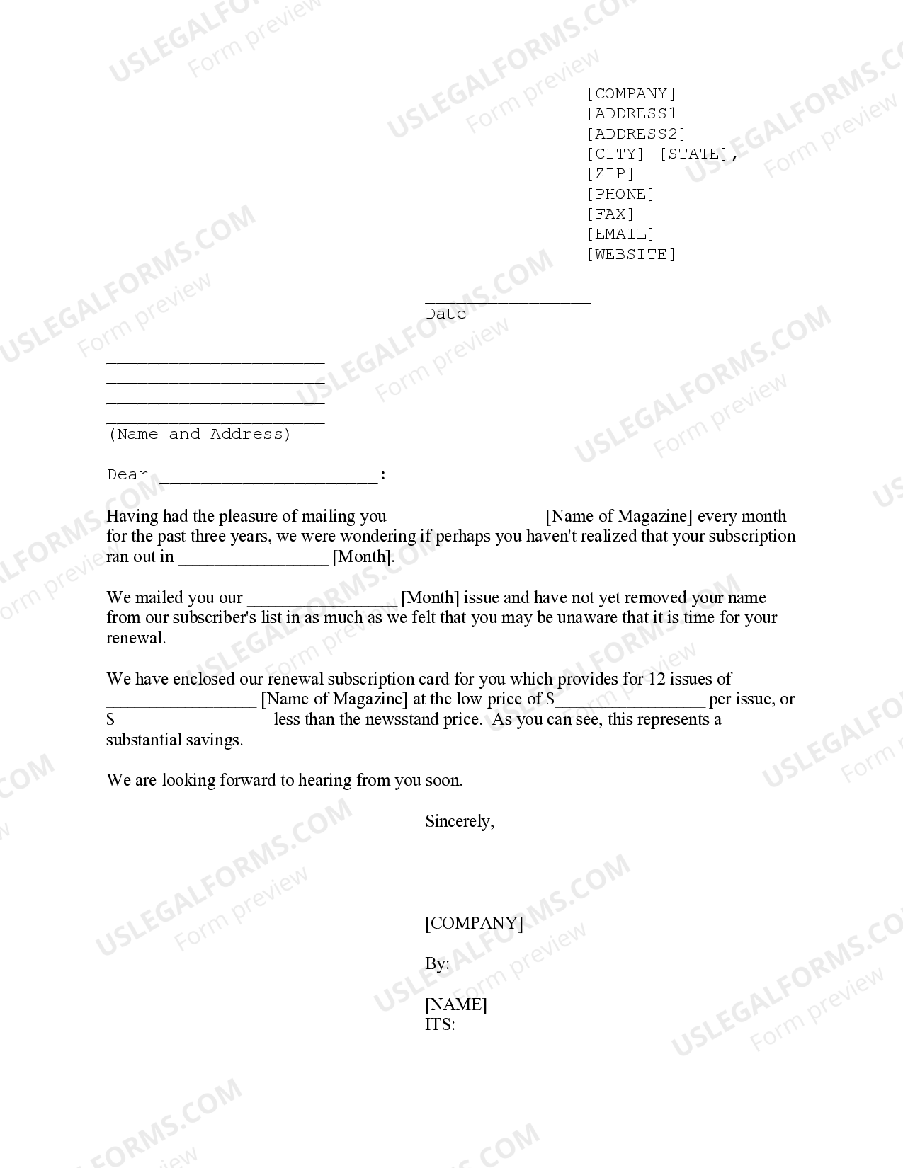 Lapse Subscription Renewal Offer | US Legal Forms