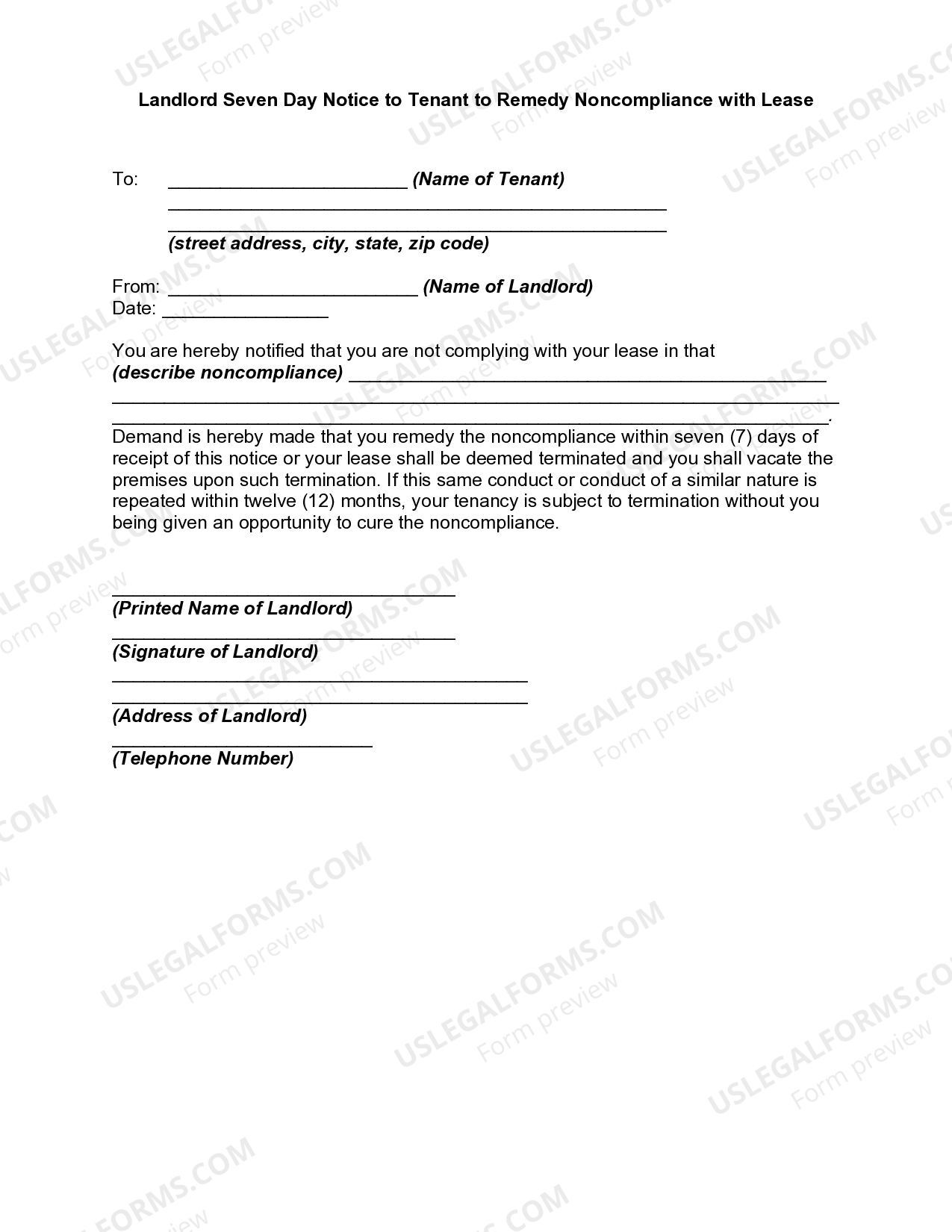 Florida Landlord Seven Day Notice to Tenant to Remedy Noncompliance ...