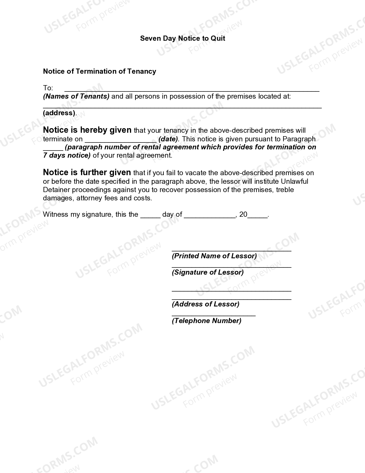 Seven Day Notice to Quit - Eviction or Vacate - Notice Quit | US Legal ...