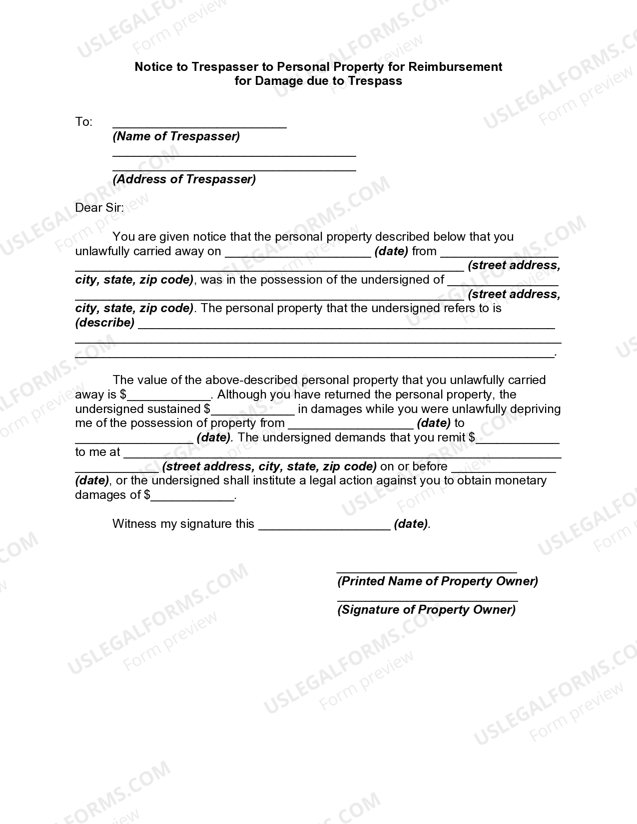 Notice to Trespasser to Personal Property for Reimbursement for Damage ...