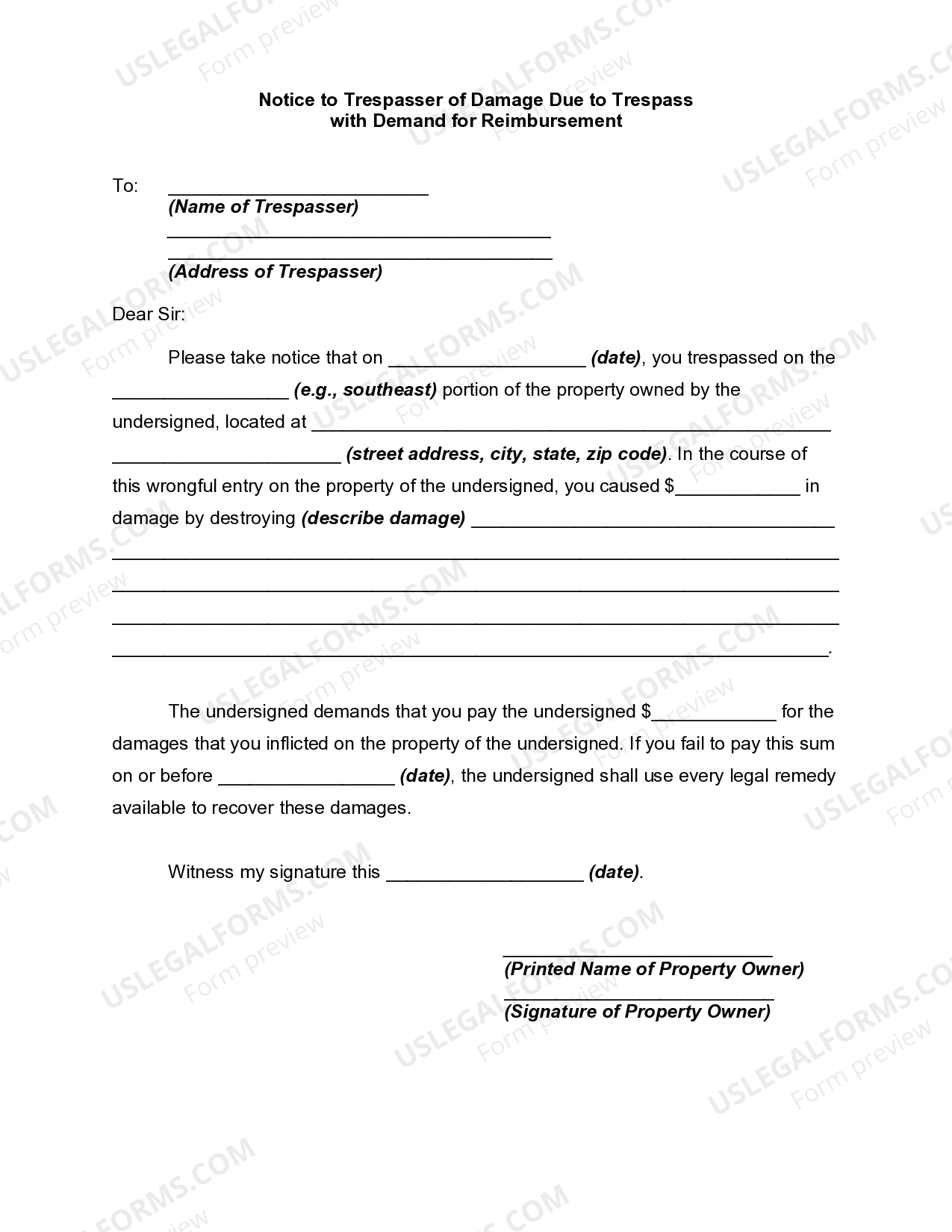 Notice to Trespasser of Damage Due to Trespass with Demand for ...