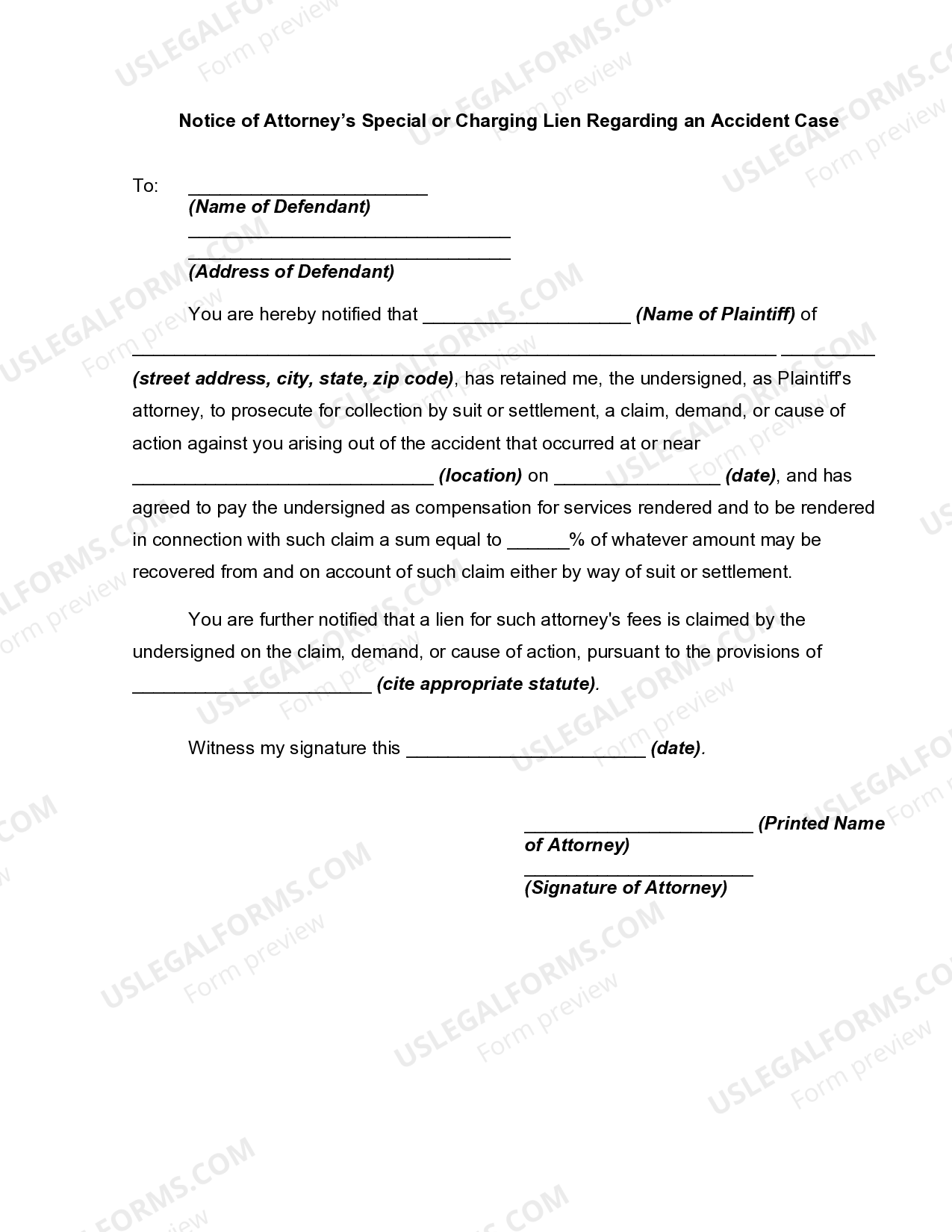 Notice of Attorney's Special or Charging Lien Regarding an Accident ...