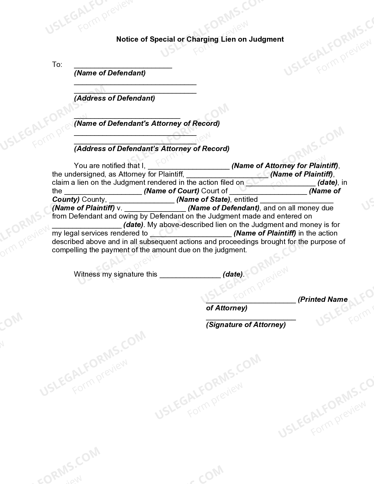 Notice of Special or Charging Lien on Judgment - Lien Judgment | US ...