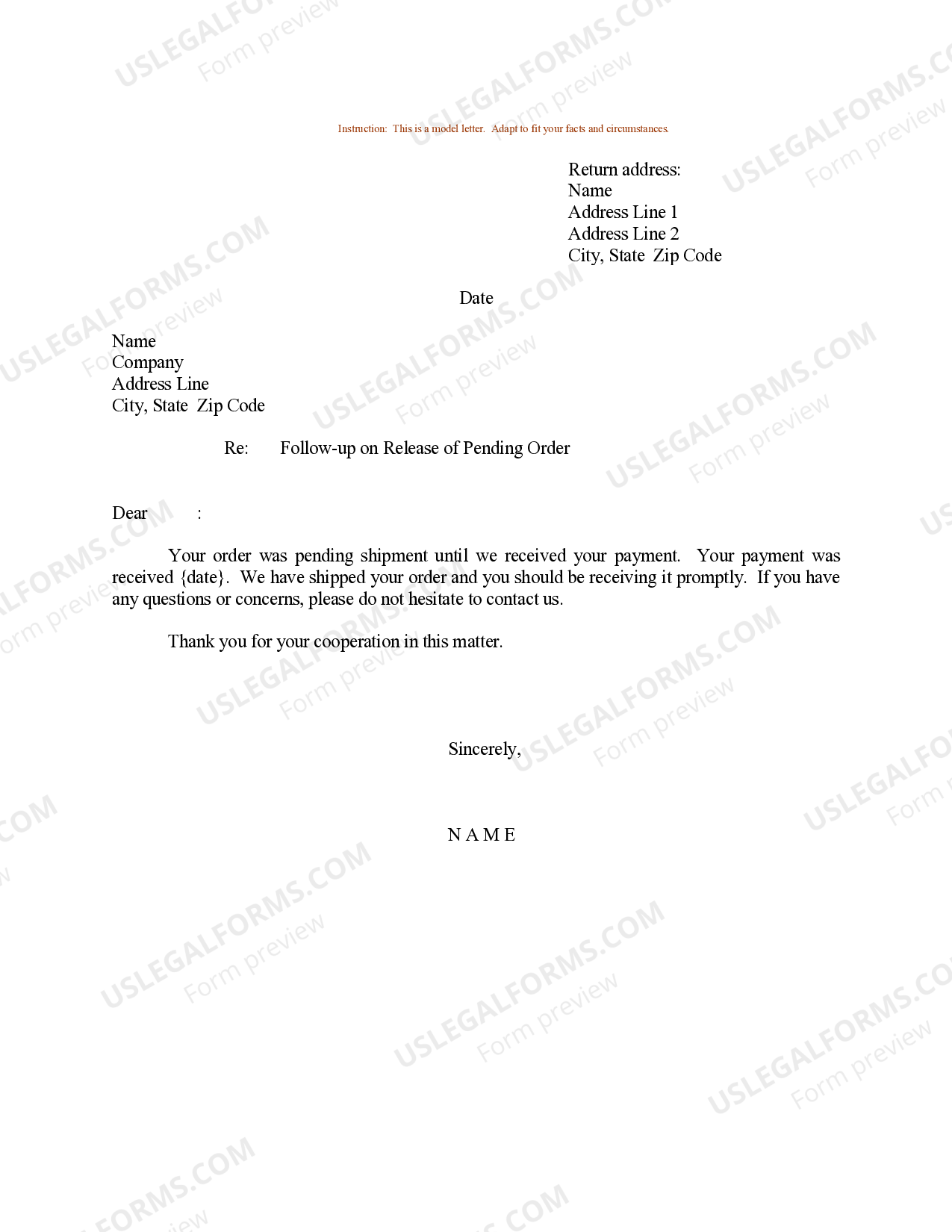 South Dakota Sample Letter for Follow-up on Release of Pending Order ...