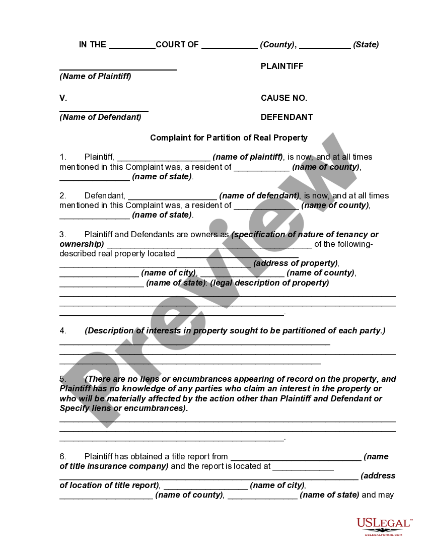 Complaint For Partition Of Real Property Partition Suit