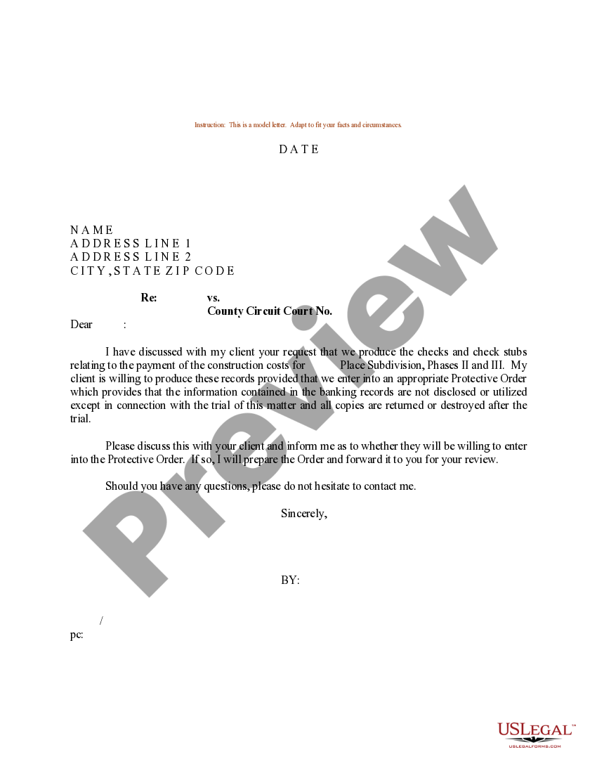 Sample Letter Reing Protective Order For Documents Restraining 