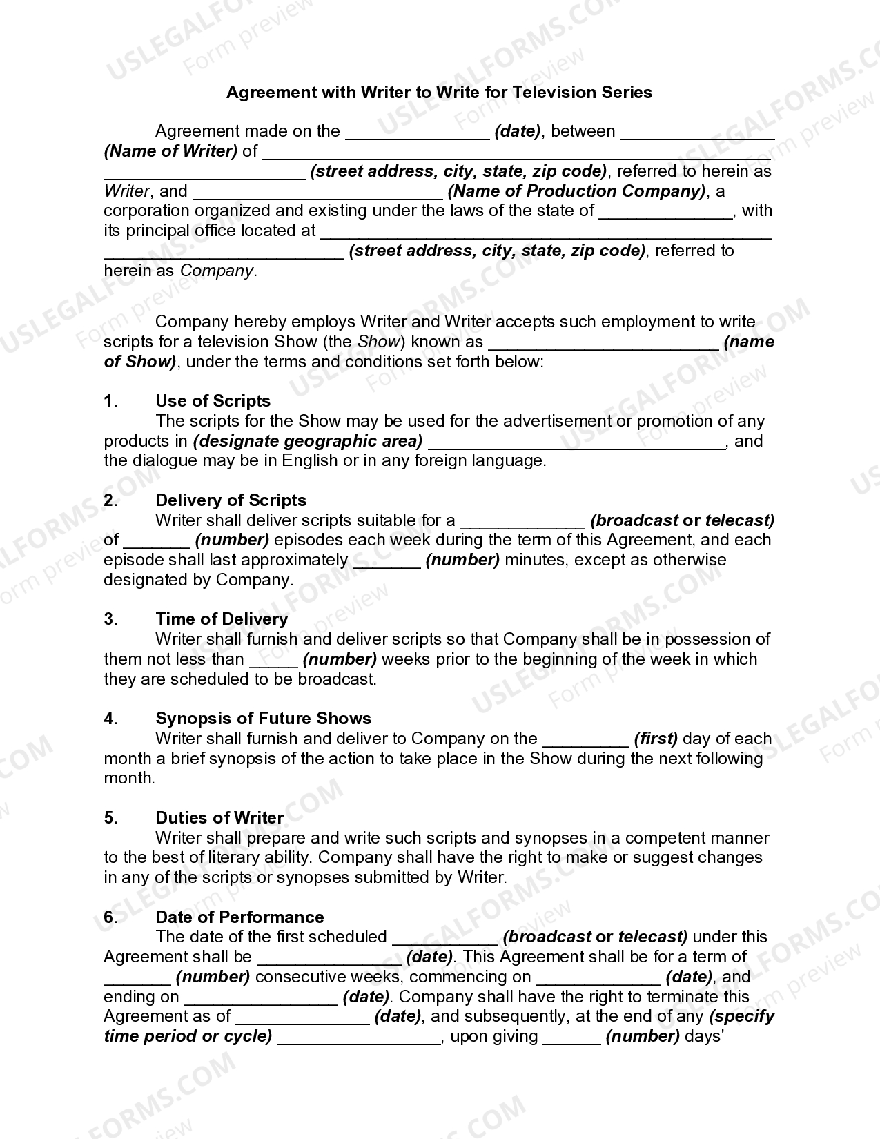 Agreement with Writer to Write for Television Series - Agreement Writer ...