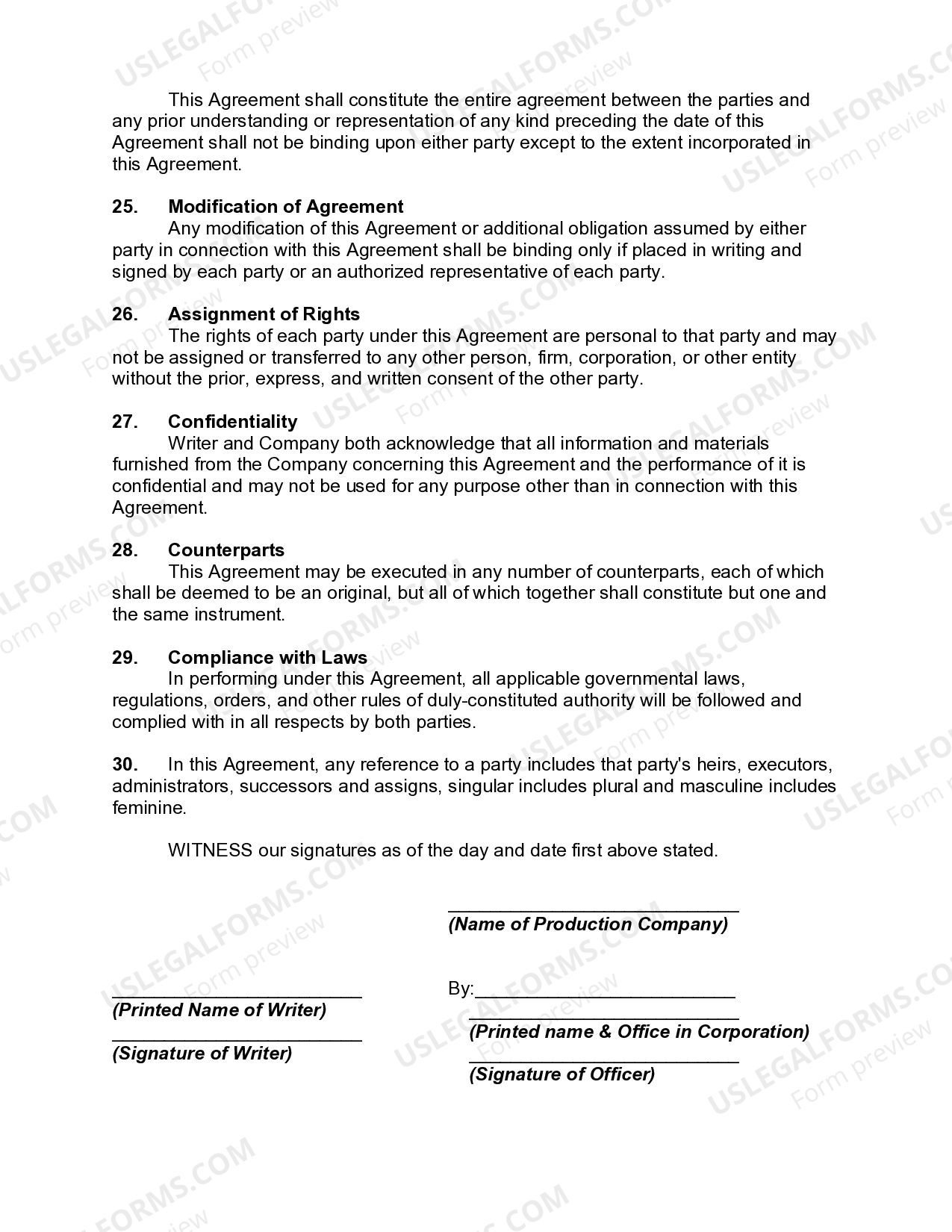 Agreement with Writer to Write for Television Series - Agreement Writer ...