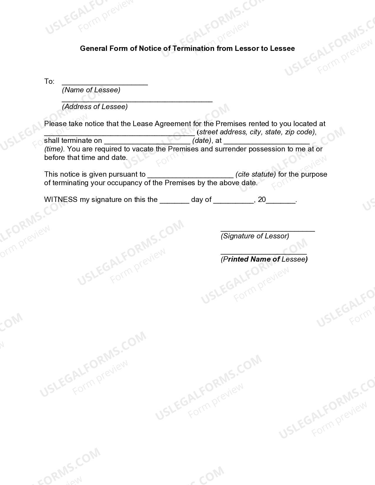 Missouri General Form of Notice of Termination from Lessor to Lessee ...