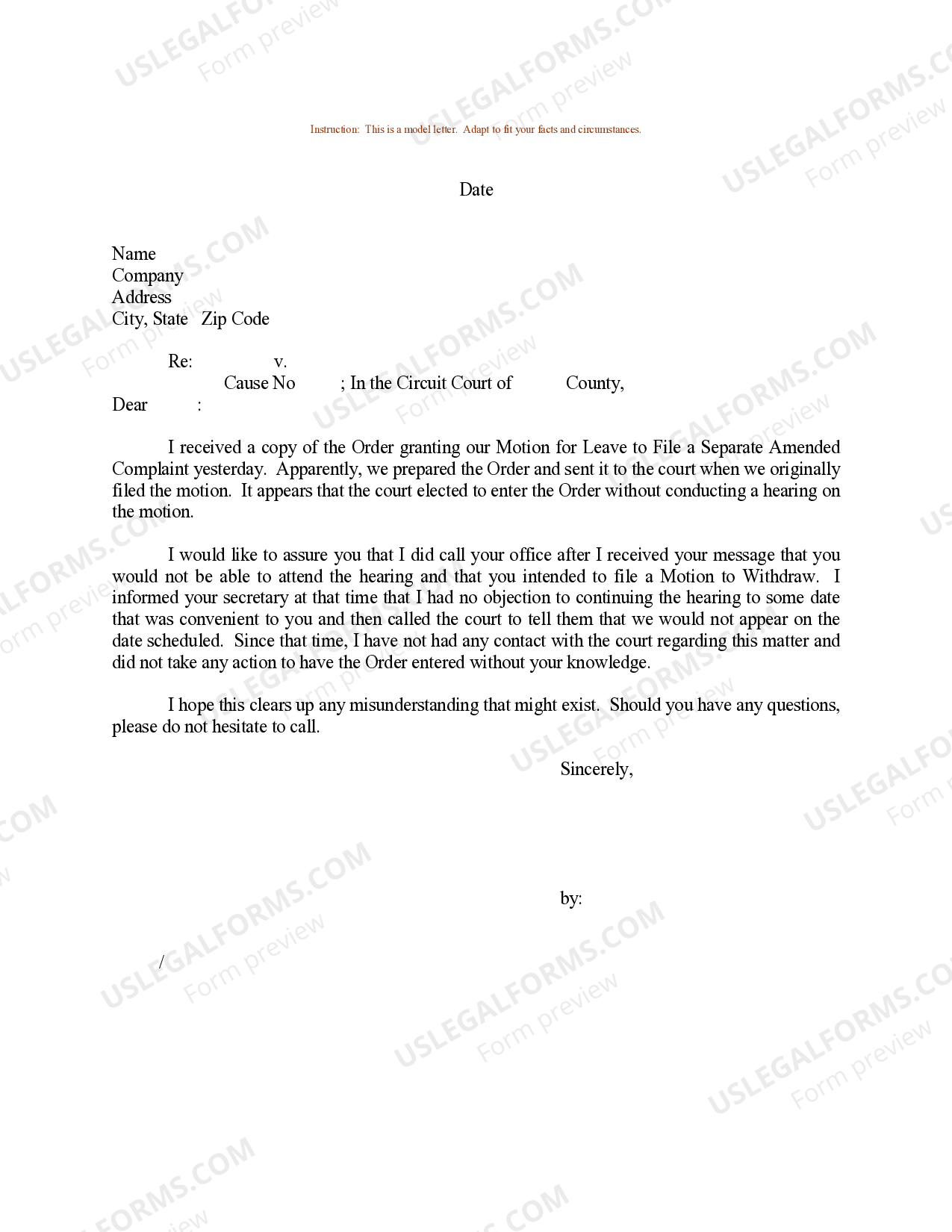 Sample Letter for Order Granting a Motion for Leave to File a Separate Amended Complaint - Court ...