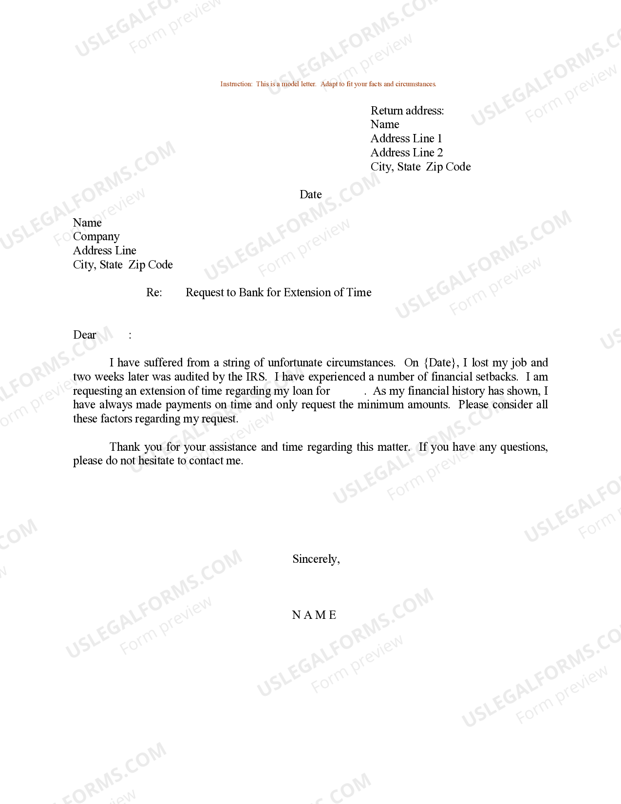 Indiana Sample Letter for Request to Bank for Extension of Time ...