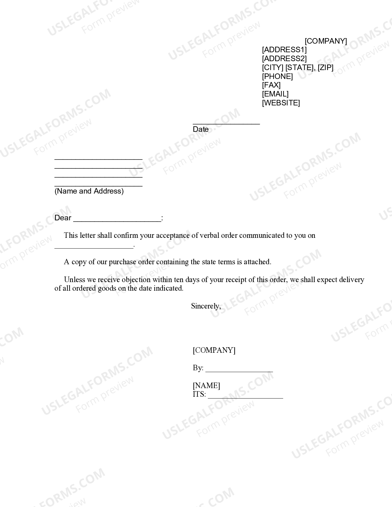 Verbal Order Confirmation | US Legal Forms