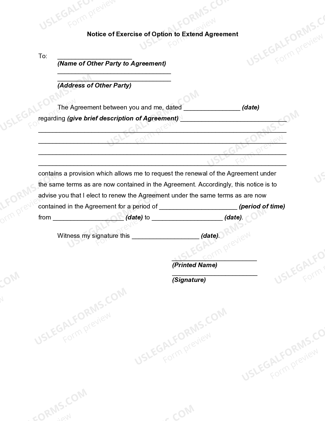 Wisconsin Notice of Exercise of Option to Extend Agreement - Notice ...