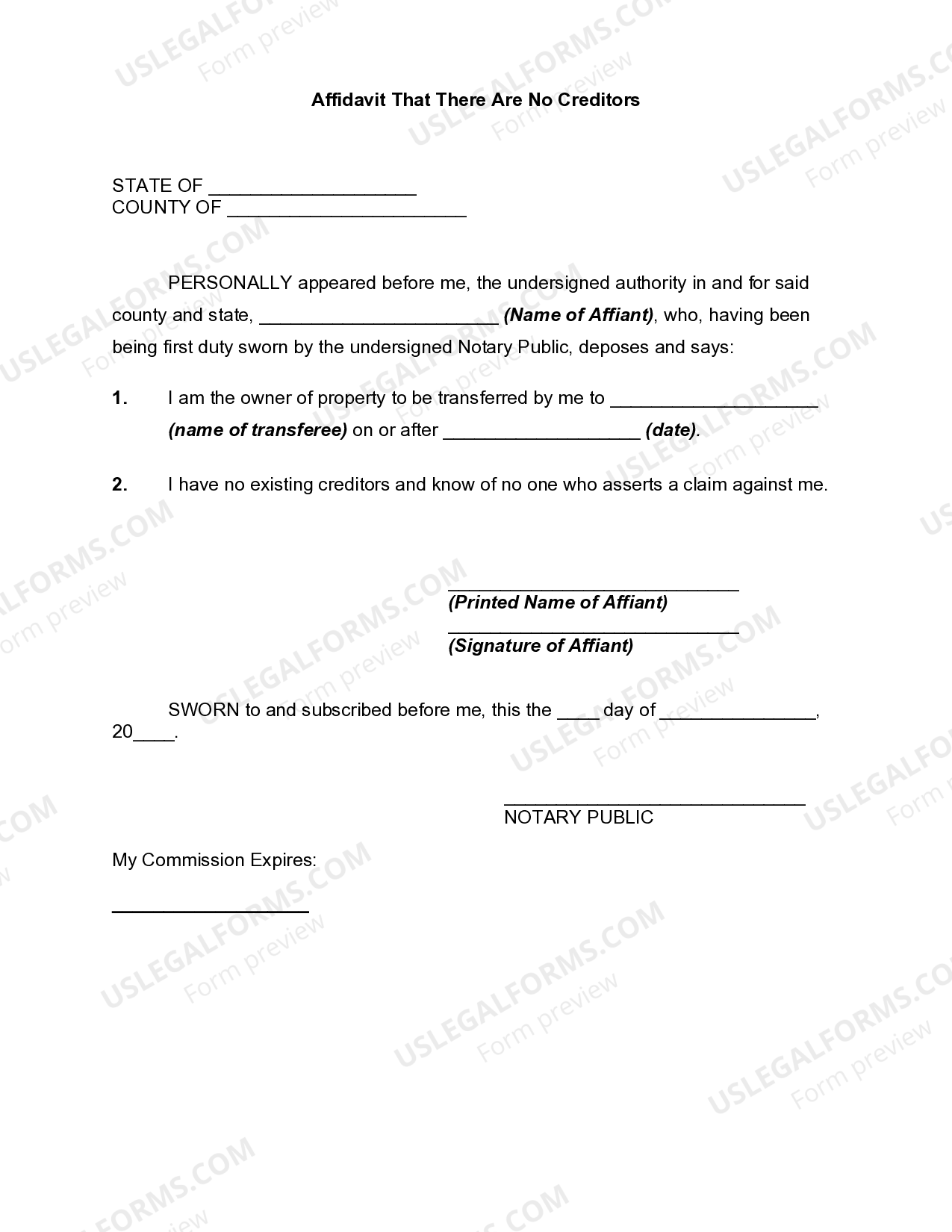 Virginia Affidavit That There Are No Creditors - No Creditors Loans | US Legal Forms