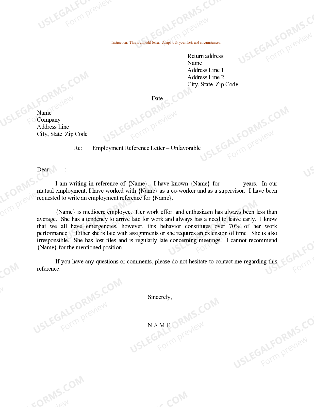 Louisiana Sample Letter for Employment Reference Letter - Unfavorable ...