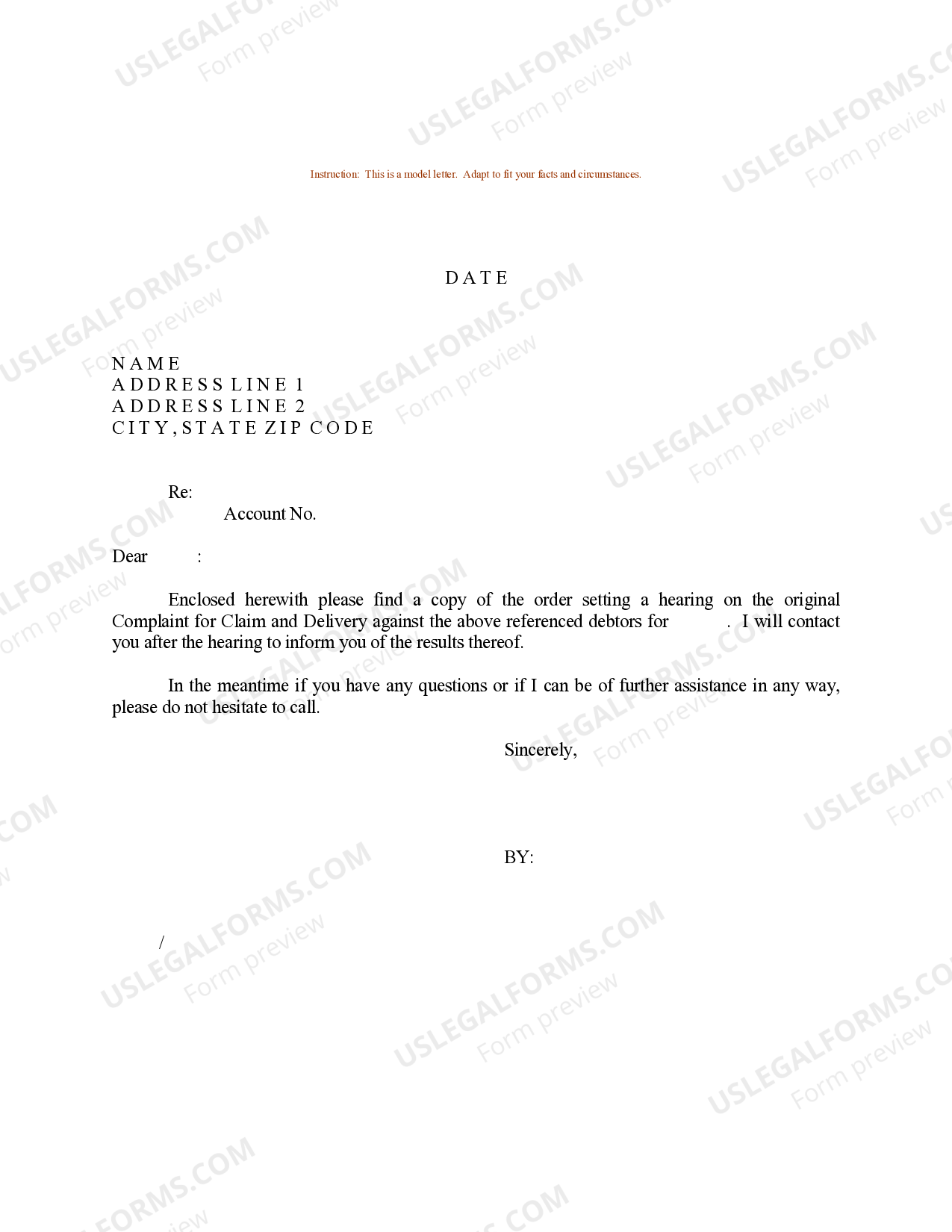 Sample Letter regarding Hearing on the Original Complaint for Claim and ...