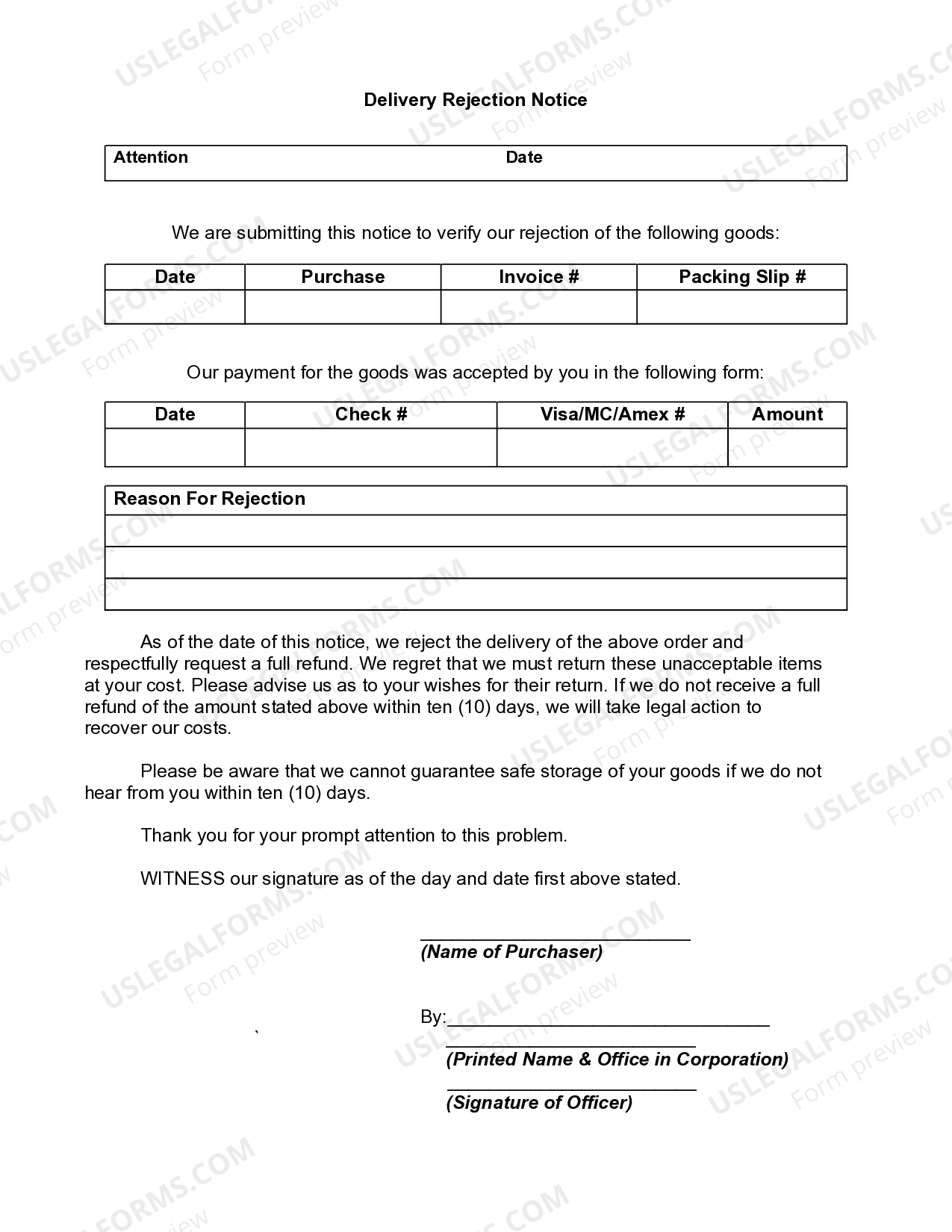 Delivery Rejection Notice - Delivery Rejection | US Legal Forms