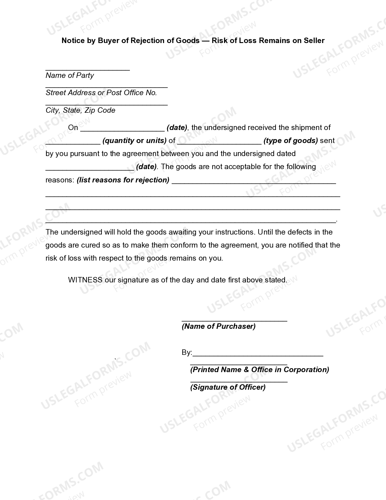 Notice by Buyer of Rejection of Goods - Buyer Goods | US Legal Forms