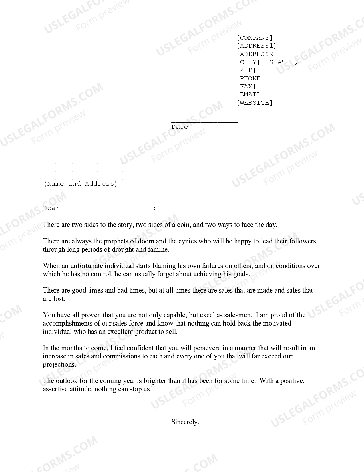 Letter of Encouragement to Sales Staff - Letter Of Staff | US Legal Forms