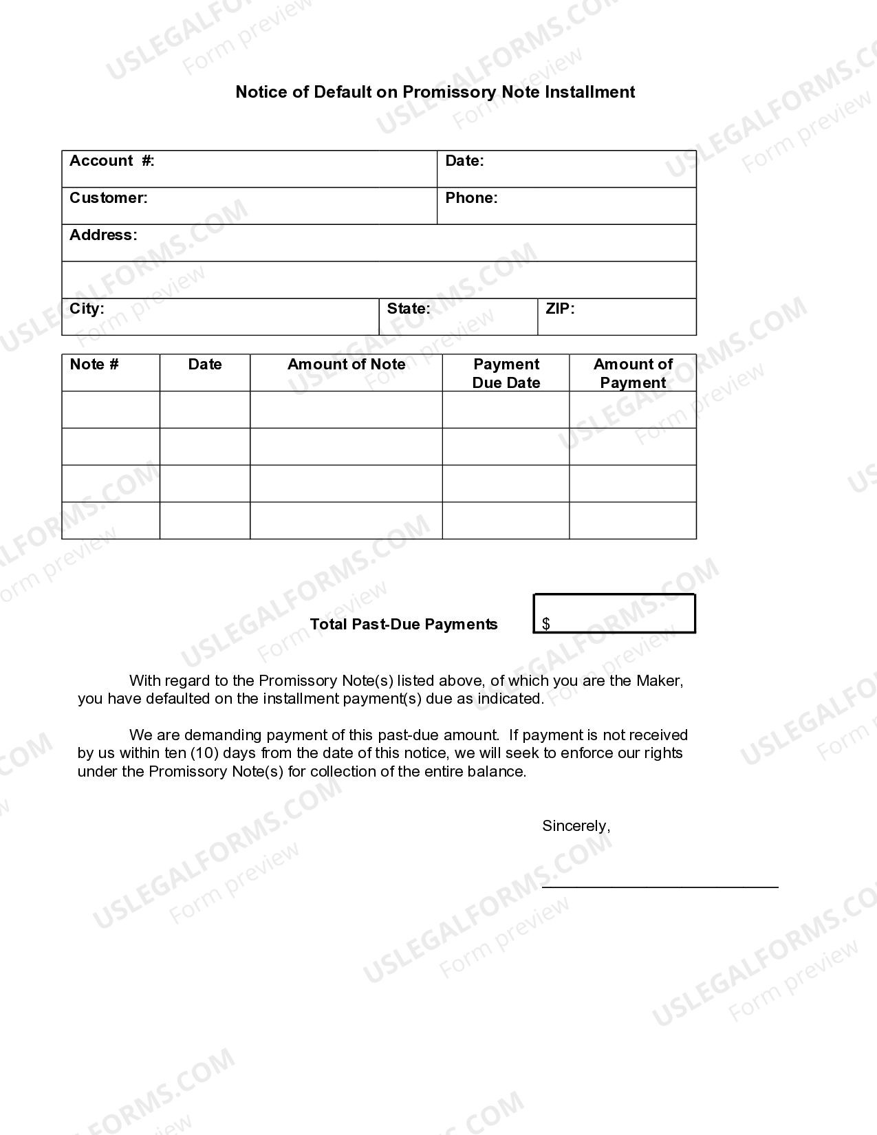 New Hampshire Notice of Default on Promissory Note Installment - Due ...