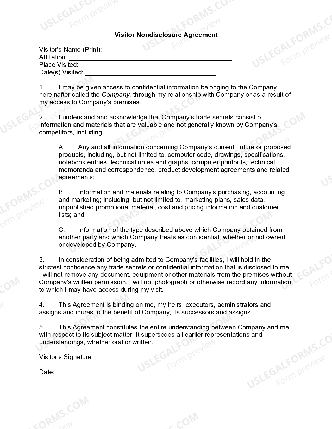 Texas Visitor Nondisclosure Agreement | US Legal Forms