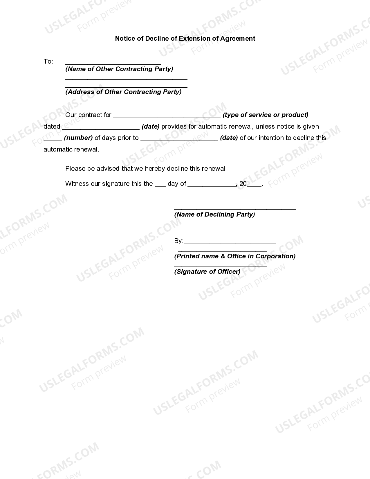 Notice of Decline of Extension of Agreement - Notice Extension | US ...