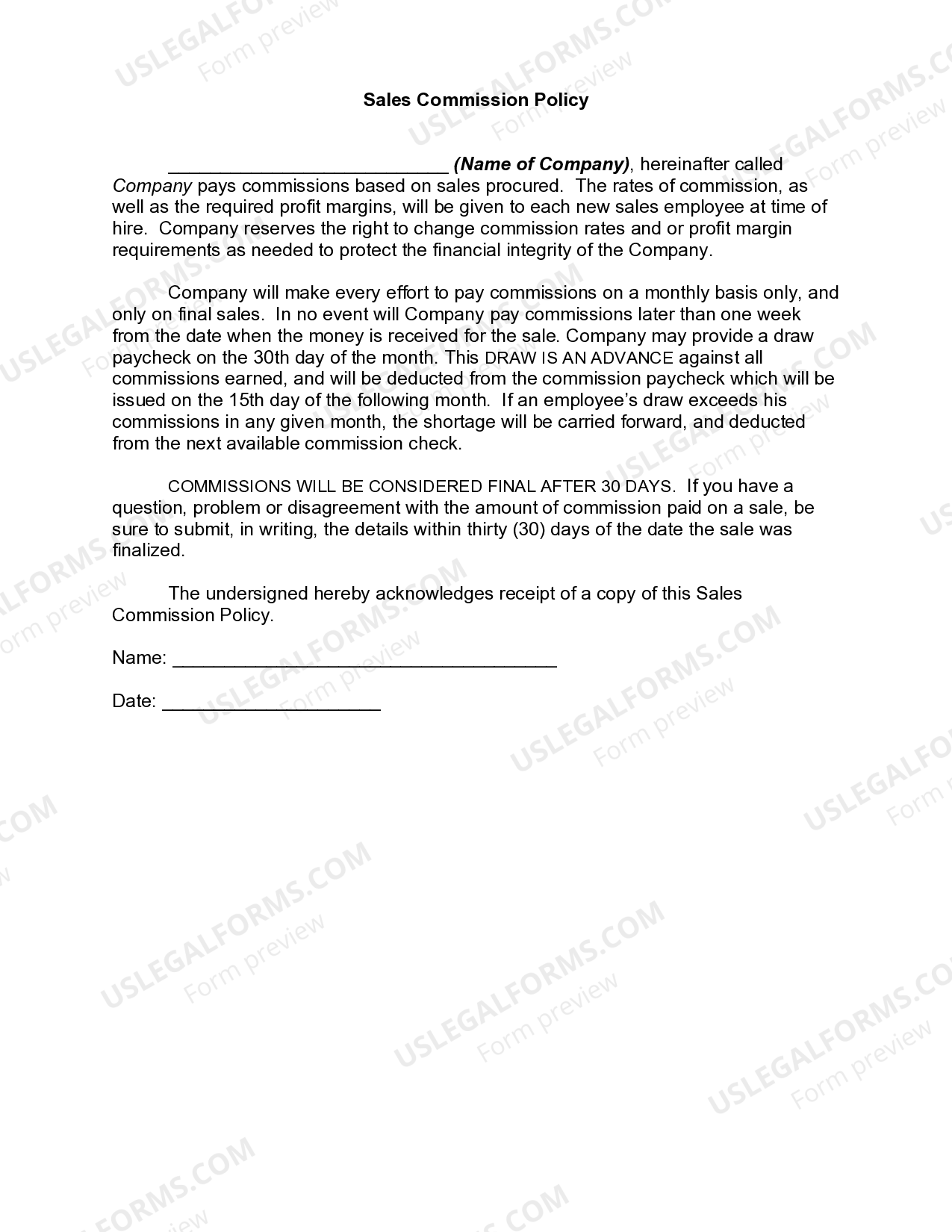 Arizona Sales Commission Policy - Commission Sample Statement | US ...