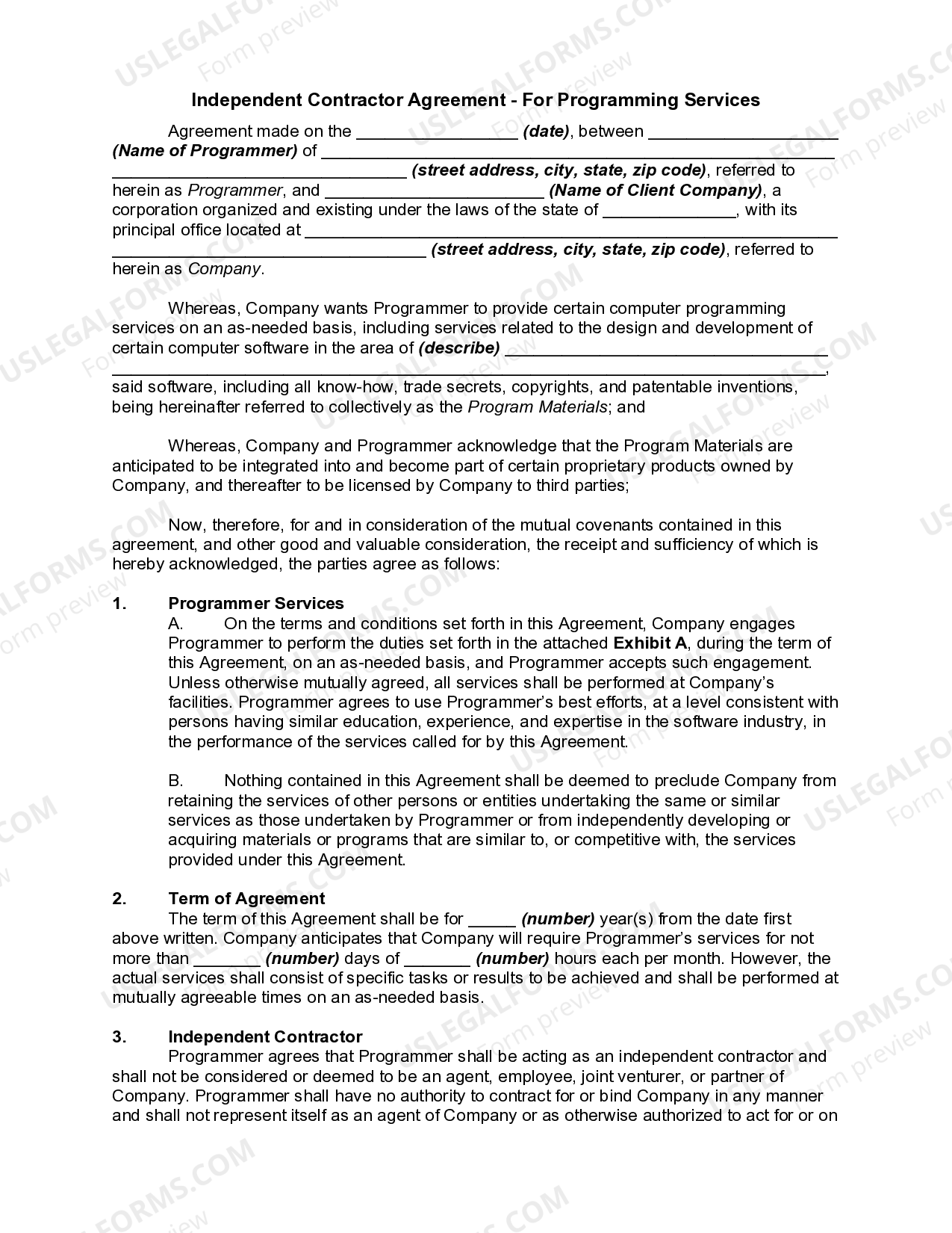 Florida Independent Contractor Agreement - For Programming Services ...