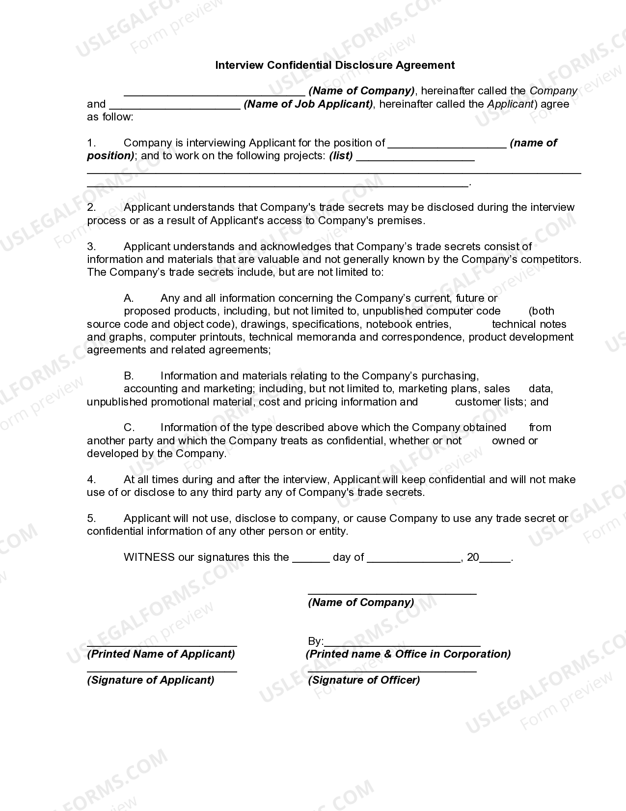 New Mexico Interview Confidential Disclosure Agreement - Information Trade Secret | US Legal Forms