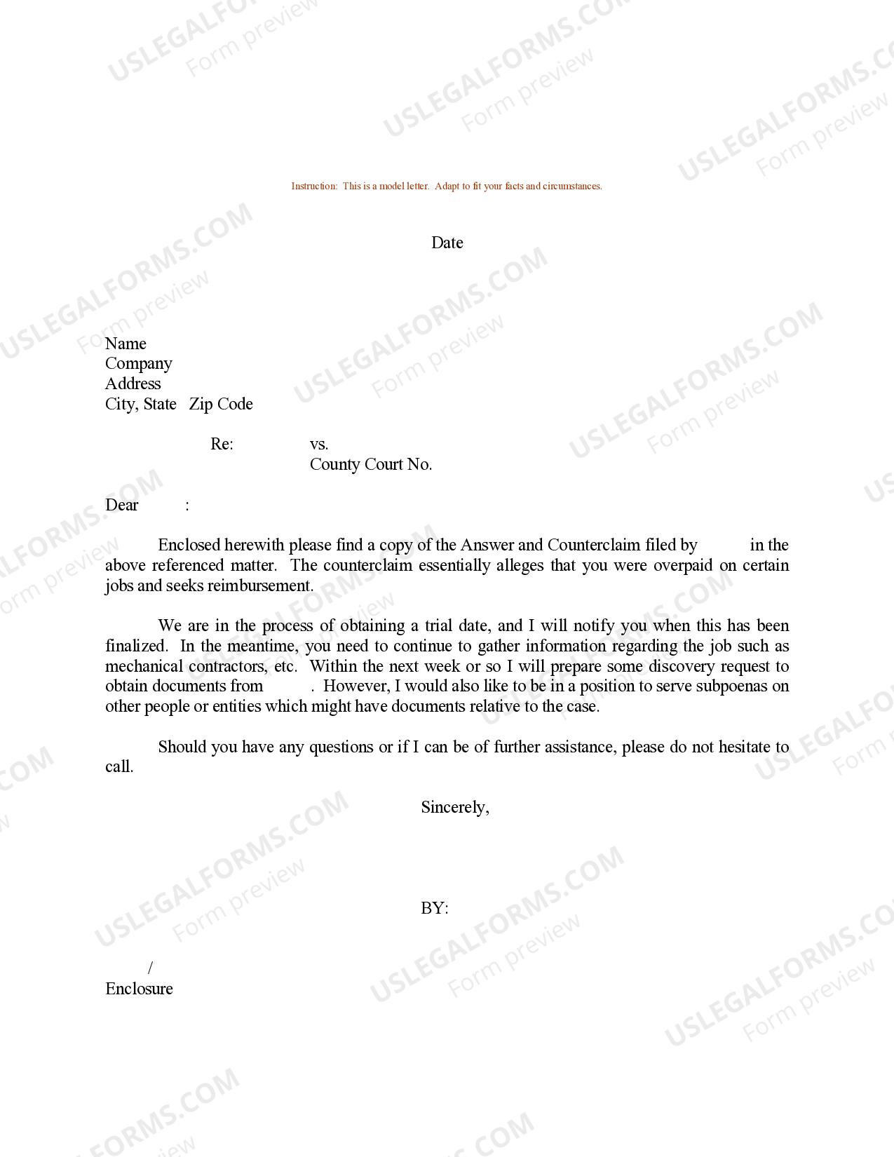 Sample Letter for Answer, Counterclaim - Counterclaim Legal | US Legal ...