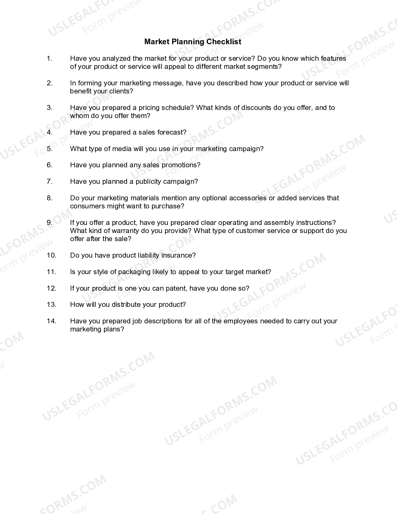 Illinois Market Planning Checklist | US Legal Forms