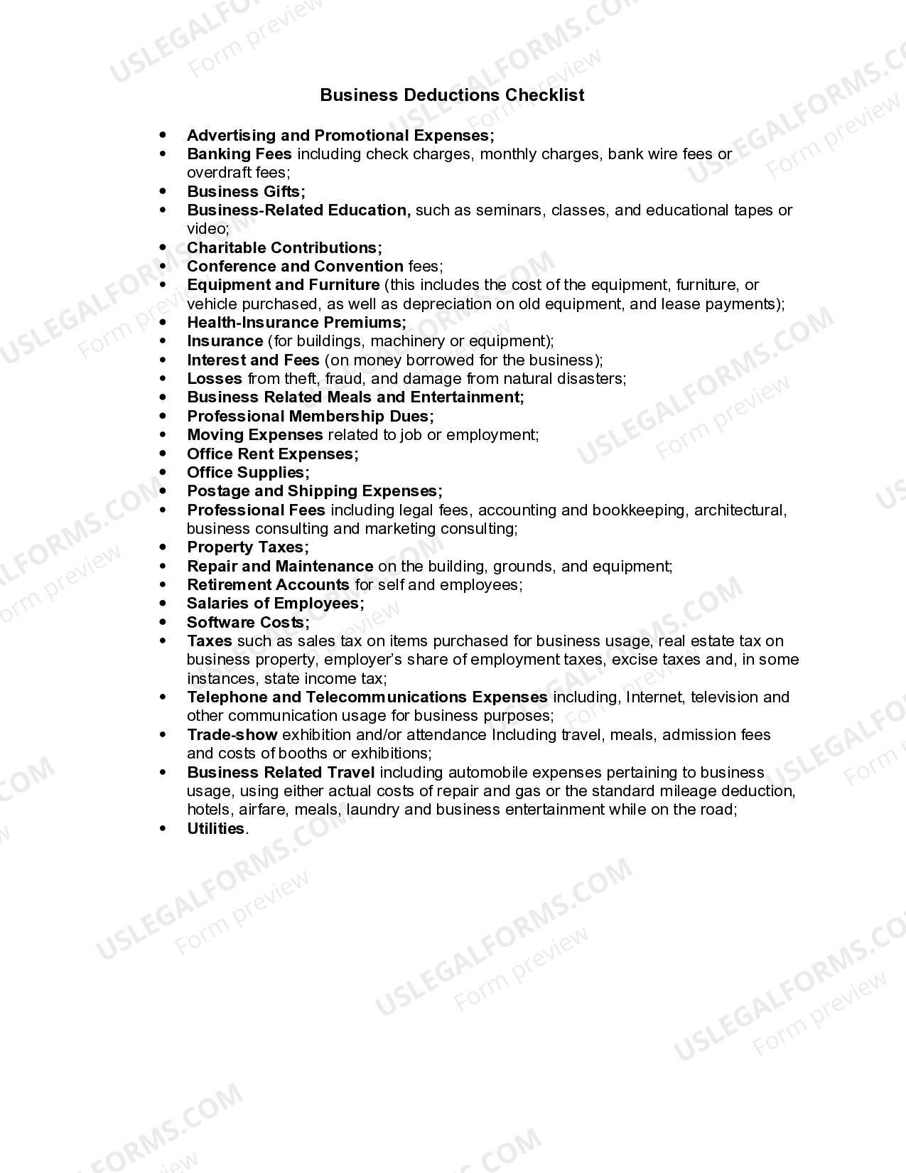 Vermont Business Deductions Checklist - Business Deductions Checklist ...